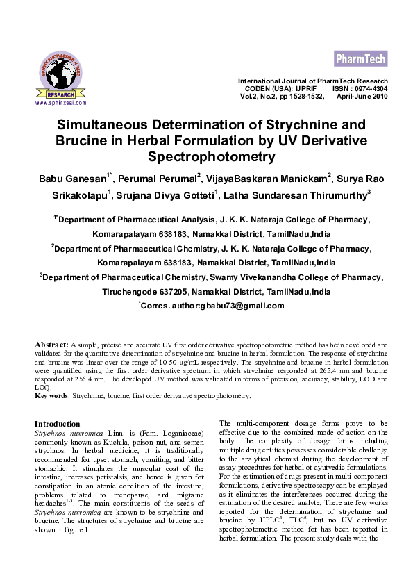 Pdf Simultaneous Determination Of Strychnine And Brucine In Herbal Formulation By Uv