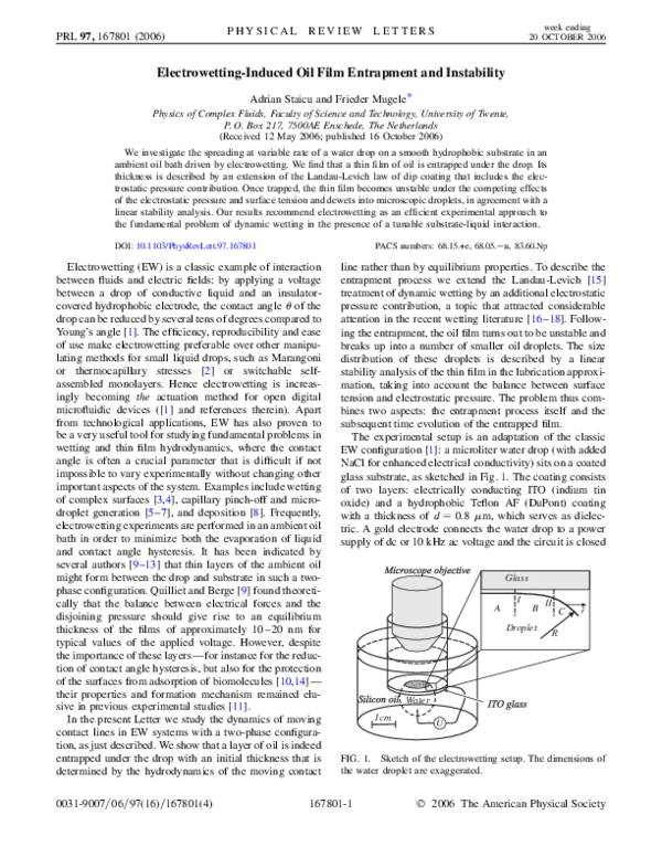 (PDF) Electrowetting-Induced Oil Film Entrapment and Instability | Frieder Mugele - Academia.edu