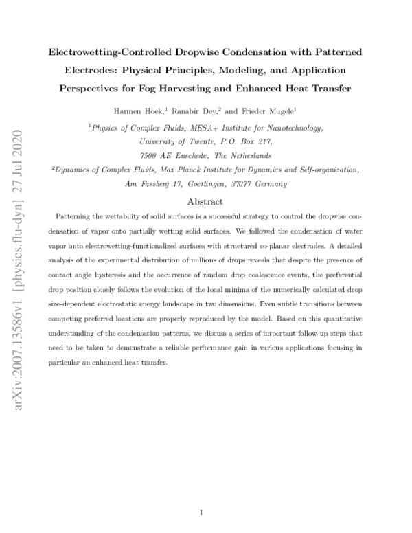 (PDF) Electrowetting‐Controlled Dropwise Condensation with Patterned Electrodes: Physical ...