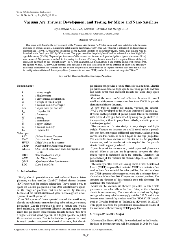 (PDF) Vacuum Arc Thruster Development and Testing for Micro and Nano ...