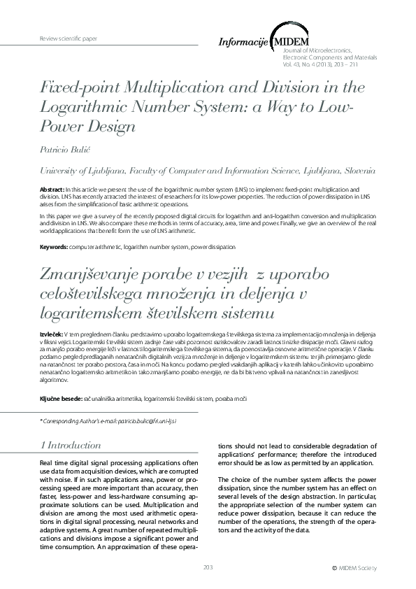 (PDF) Fixed-point Multiplication and Division in the Logarithmic Number System : a Way to Low ...