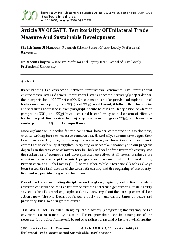 (PDF) Article XX Of GATT: Territoriality Of Unilateral Trade Measure ...