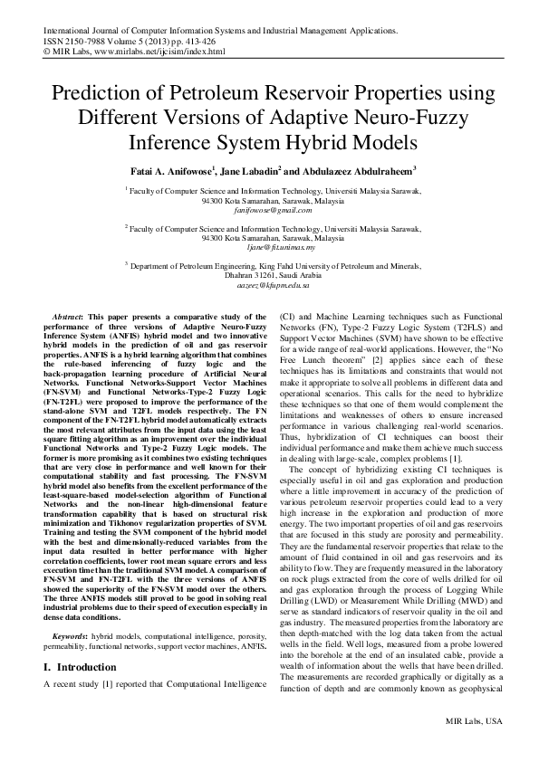 (PDF) Prediction of petroleum reservoir properties using different versions of adaptive neuro ...