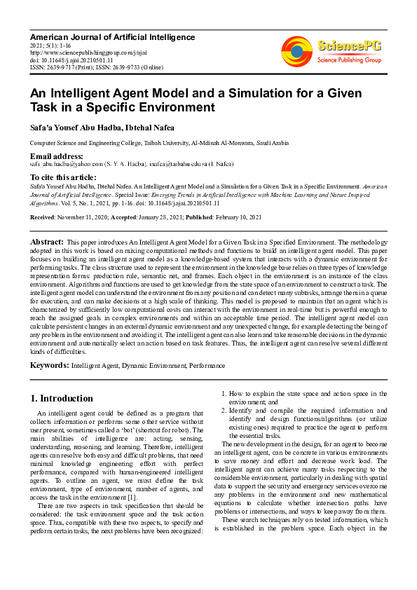 An Intelligent Agent Model and a Simulation for a Given Task in a Specific Environment