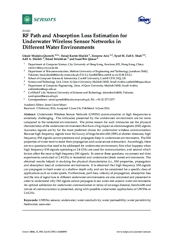 (PDF) RF Path and Absorption Loss Estimation for Underwater Wireless Sensor Networks in ...