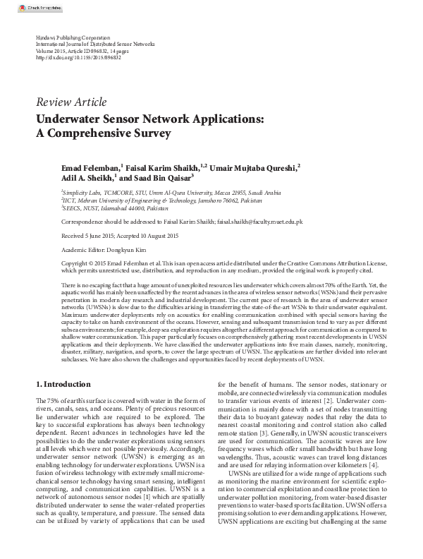 Pdf Underwater Sensor Network Applications A Comprehensive Survey