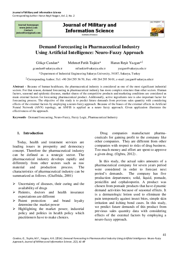 (PDF) Demand Forecasting In Pharmaceutical Industry Using Neuro-Fuzzy Approach