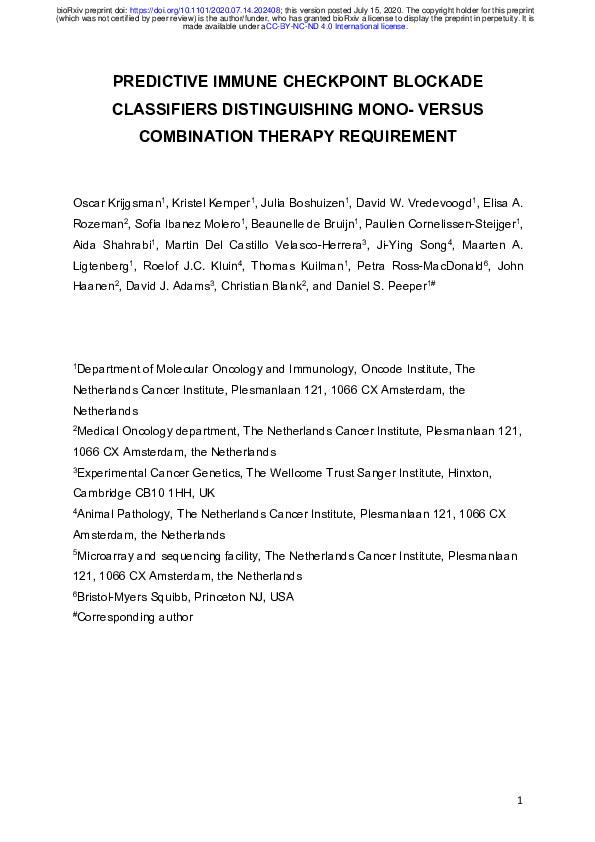 (PDF) Predictive Immune Checkpoint Blockade Classifiers Distinguishing Mono- Versus Combination ...