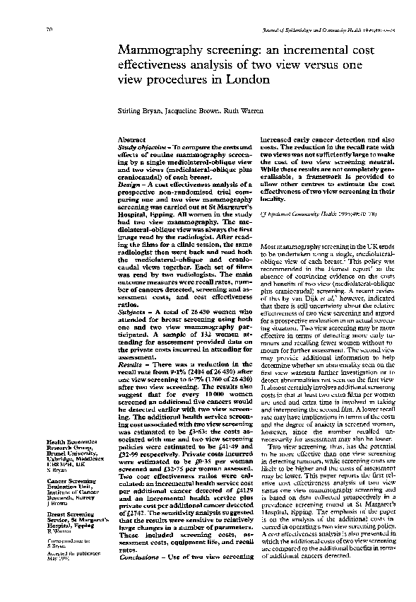 (PDF) Mammography screening: an incremental cost effectiveness analysis ...