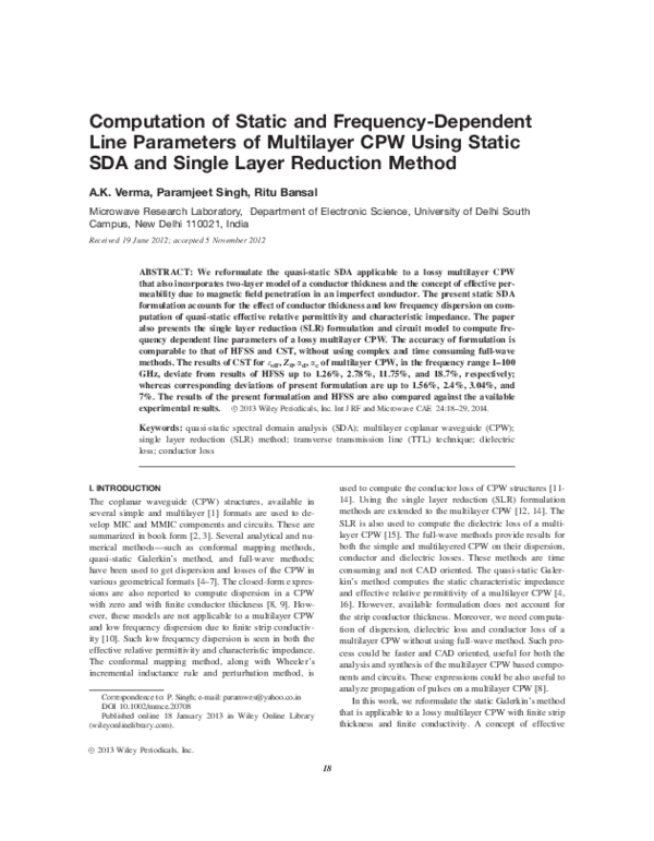 (PDF) Computation of static and frequency-dependent line parameters of multilayer CPW using ...