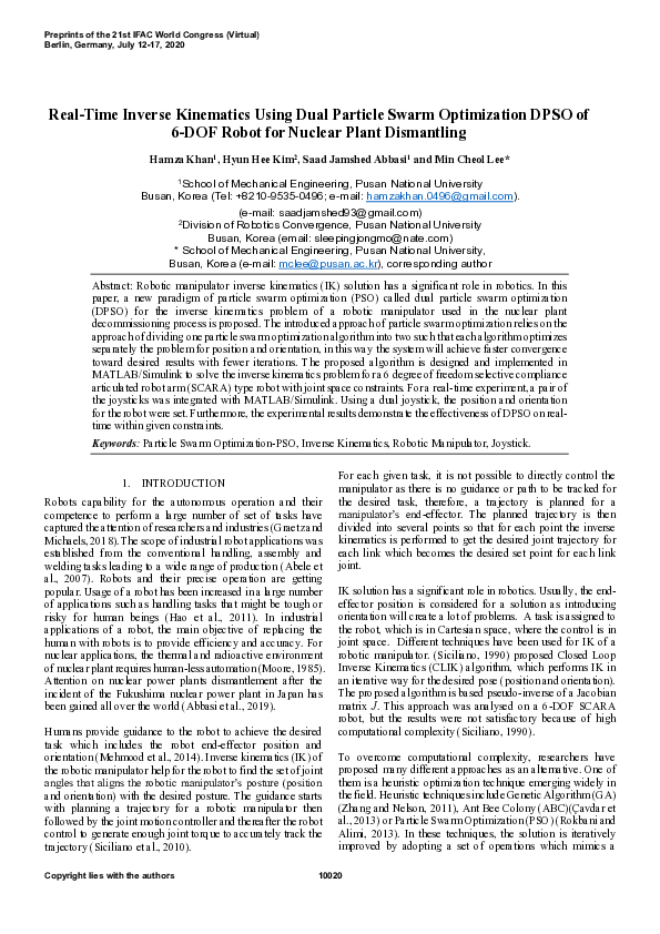Pdf Real Time Inverse Kinematics Using Dual Particle Swarm