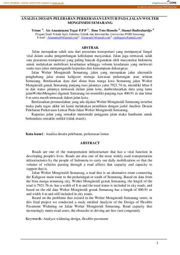 (PDF) Analisa Desain Pelebaran Perkerasan Lentur Pada Jalan Wolter Monginsidi Semarang