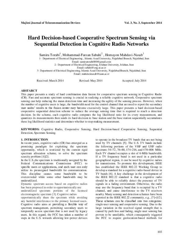 Pdf Hard Decision Based Cooperative Spectrum Sensing Via Sequential Detection In Cognitive