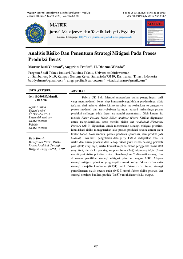 (PDF) Analisis Risiko dan Penentuan Strategi Mitigasi Pada Proses Produksi Beras