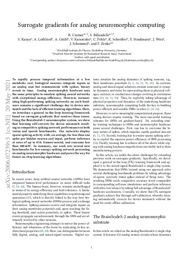 (PDF) Surrogate gradients for analog neuromorphic computing