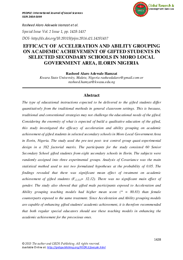 (PDF) Efficacy of Acceleration and Ability Grouping on Academic ...