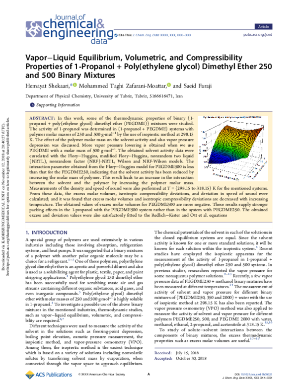 (PDF) Vapor–Liquid Equilibrium, Volumetric, and Compressibility ...