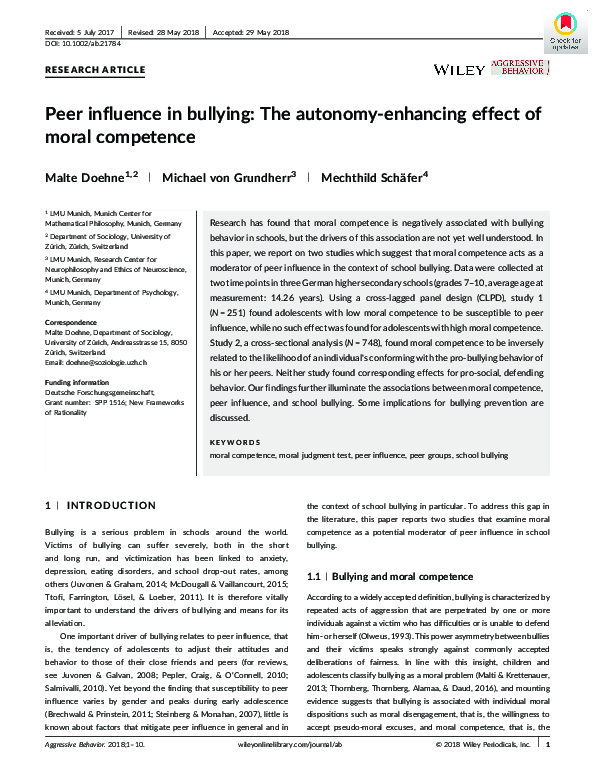 (PDF) Peer influence in bullying: The autonomy-enhancing effect of ...