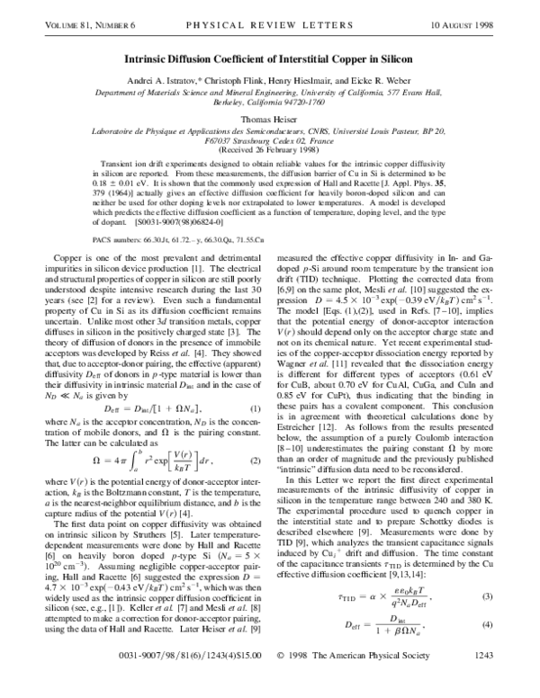 (PDF) Intrinsic Diffusion Coefficient of Interstitial Copper in Silicon