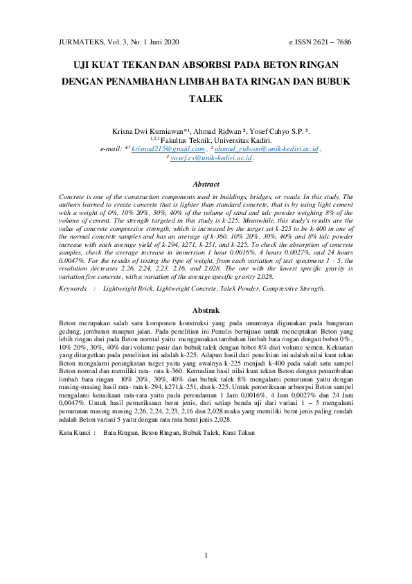 (PDF) Uji Kuat Tekan Dan Arbsorpsi Pada Beton Ringan Dengan Penambahan Limbah Bata Ringan Dan ...