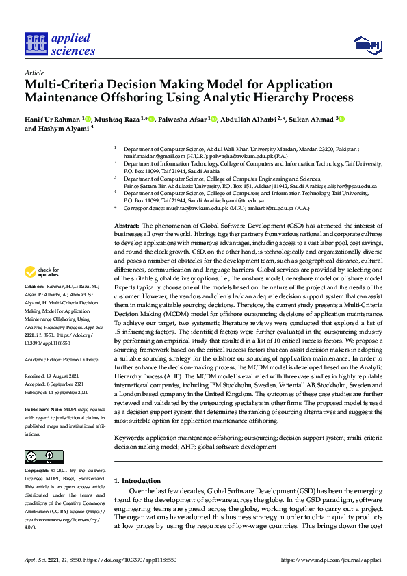 (PDF) Multi-Criteria Decision Making Model for Application Maintenance Offshoring Using Analytic ...
