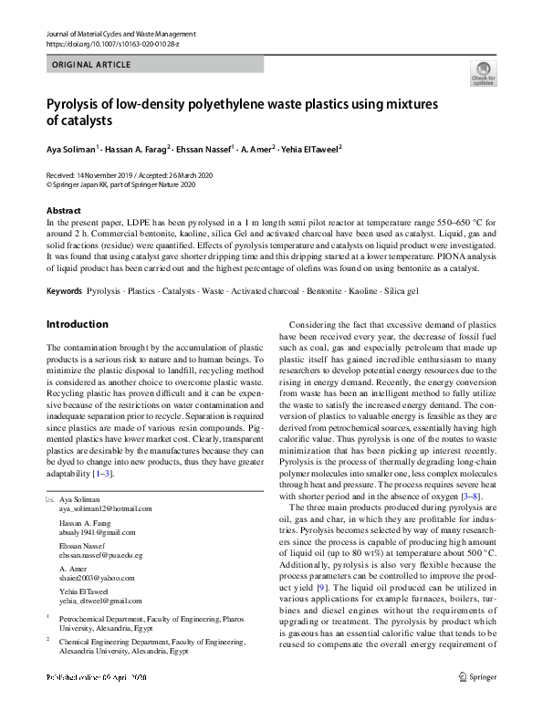 (PDF) Pyrolysis of low-density polyethylene waste plastics using mixtures of catalysts