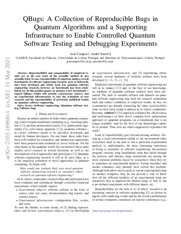 (PDF) QBugs: A Collection of Reproducible Bugs in Quantum Algorithms ...
