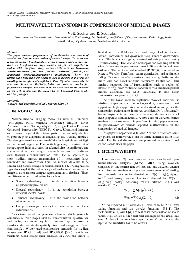 (PDF) Multiwavelet Transform in Compression of Medical Images