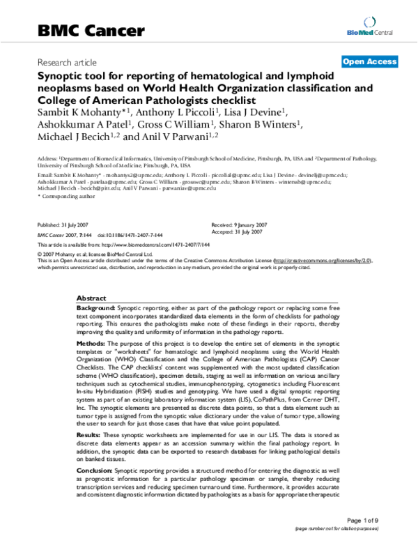 (PDF) Synoptic tool for reporting of hematological and lymphoid ...