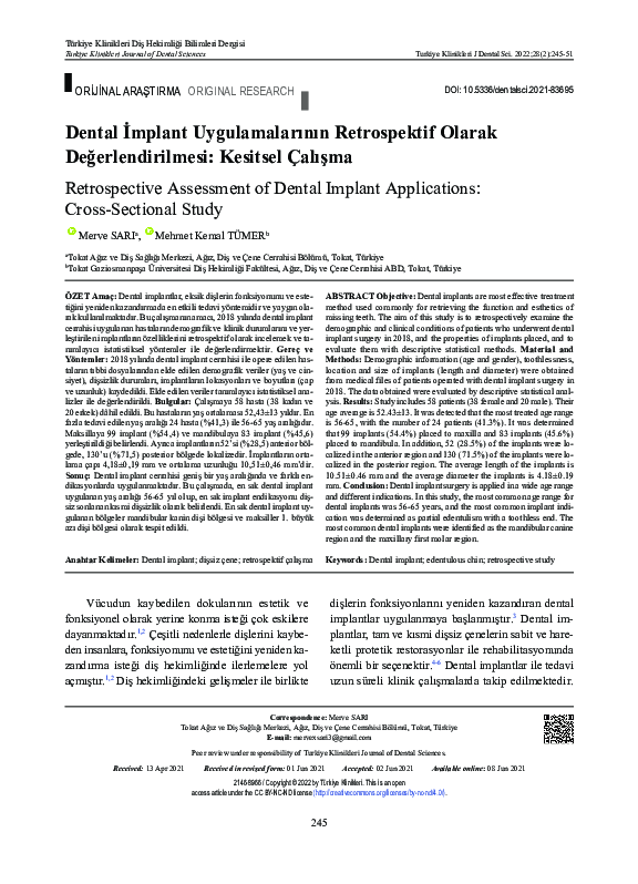 (PDF) Retrospective Assessment of Dental Implant Applications: Cross-Sectional Study
