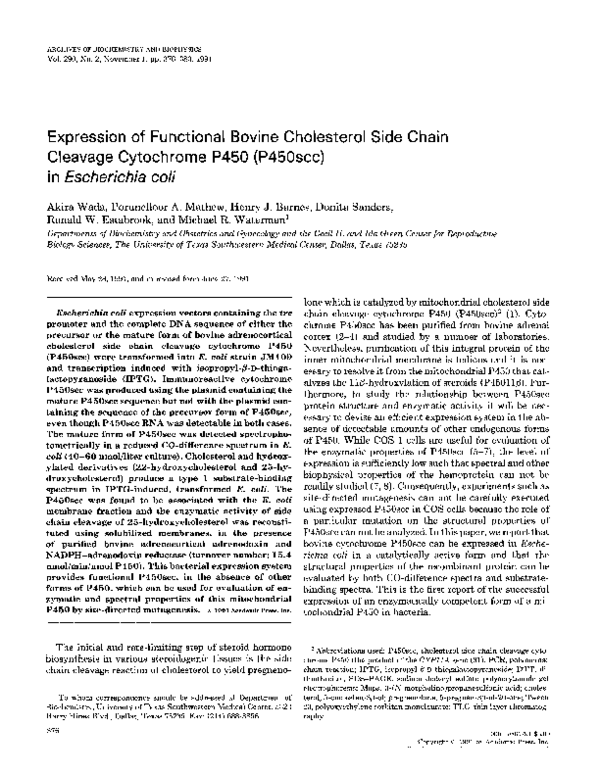 (PDF) Expression of functional bovine cholesterol side chain cleavage cytochrome P450 (P450scc ...