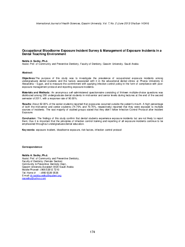 (PDF) Occupational Bloodborne Exposure Incident Survey and Management ...