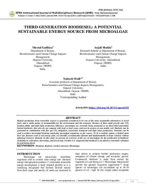 (PDF) Third Generation Biodiesel: A Potential Sustainable Energy Source from Microalgae