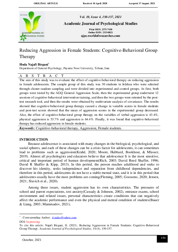(PDF) Reducing Aggression in Female Students: Cognitive-Behavioral Group Therapy