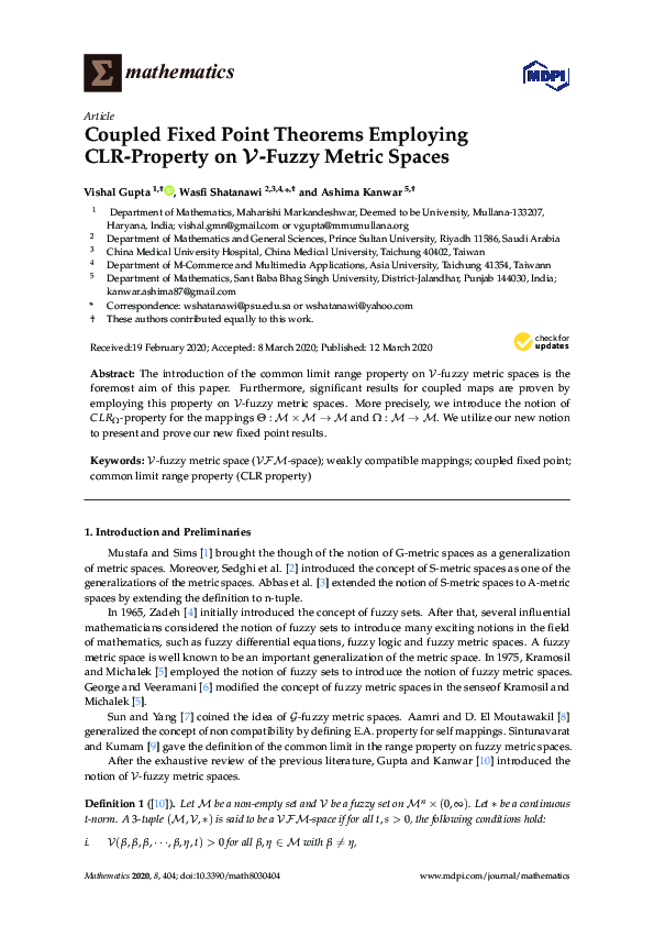 Pdf Coupled Fixed Point Theorems Employing Clr Property On V Fuzzy