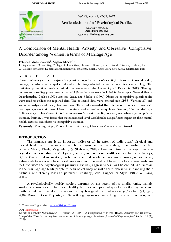 (PDF) A Comparison of Mental Health, Anxiety, and Obsessive- Compulsive Disorder among Women in ...