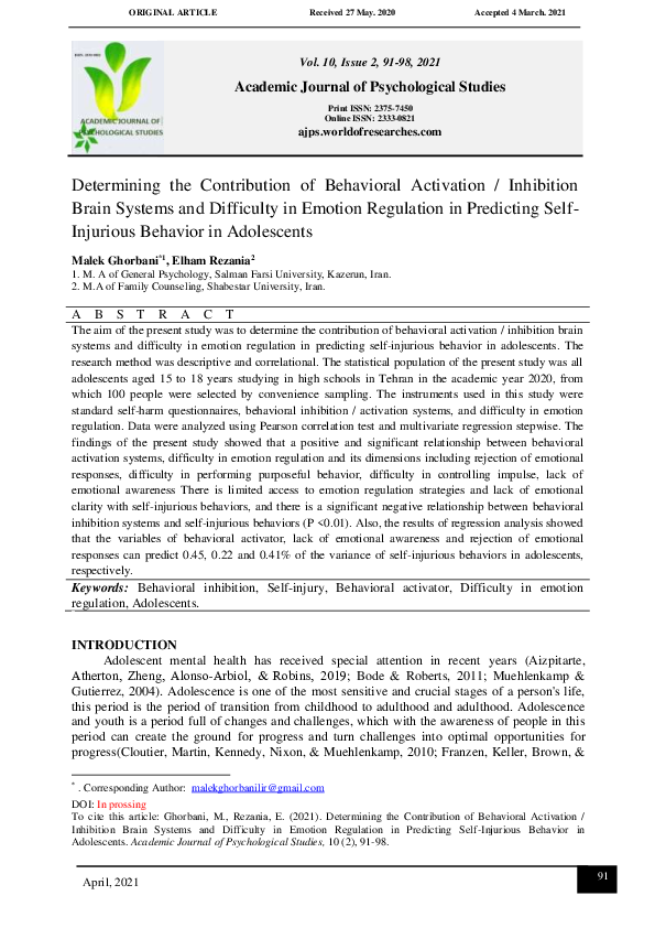 (PDF) Determining the Contribution of Behavioral Activation / Inhibition Brain Systems and ...