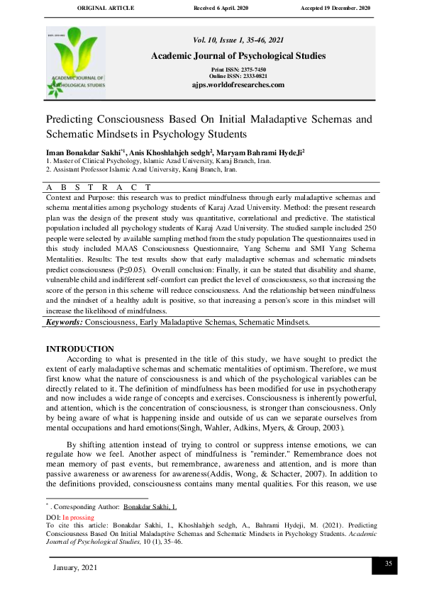 (PDF) Predicting Consciousness Based On Initial Maladaptive Schemas and Schematic Mindsets in ...