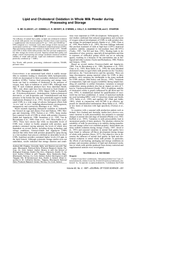 (PDF) Lipid and Cholesterol Oxidation in Whole Milk Powder during ...