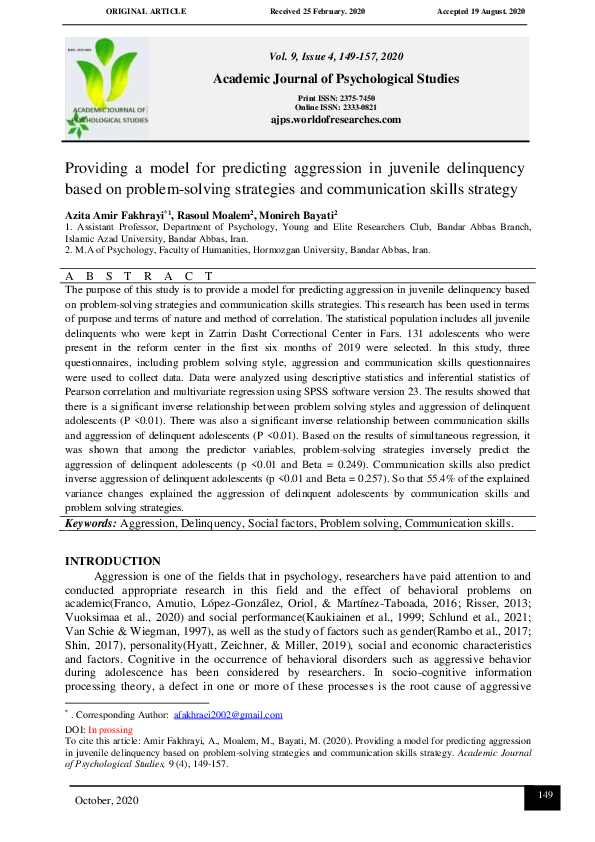 (PDF) Providing a model for predicting aggression in juvenile delinquency based on problem ...