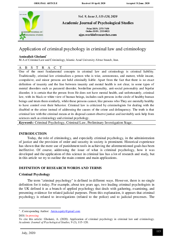 (PDF) Application of criminal psychology in criminal law and criminology