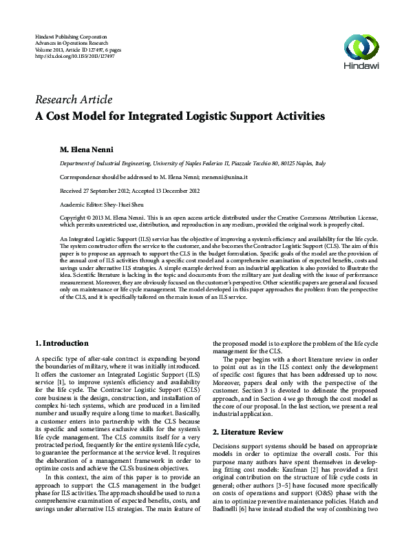 (PDF) A Cost Model for Integrated Logistic Support Activities