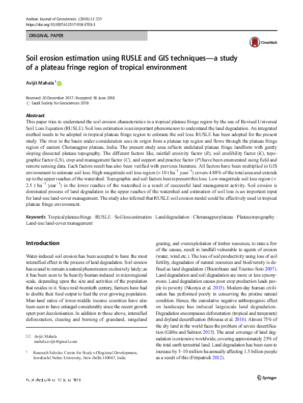 (PDF) Soil erosion estimation using RUSLE and GIS techniques—a study of ...