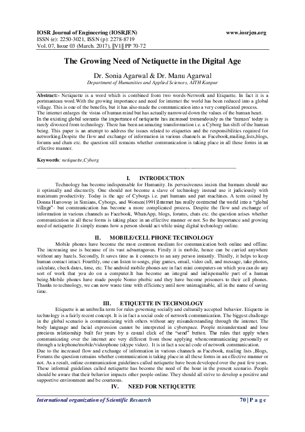 (PDF) The Growing Need of Netiquette in the Digital Age