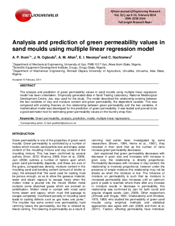 (PDF) Analysis and prediction of green permeability values in sand moulds using multiple linear ...
