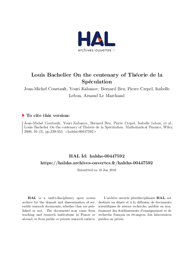 (PDF) Louis Bachelier on the Centenary of Theorie de la Speculation