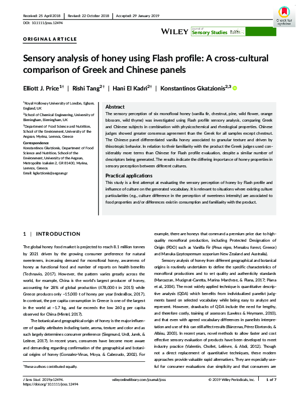 (PDF) Sensory analysis of honey using Flash profile: A cross‐cultural ...