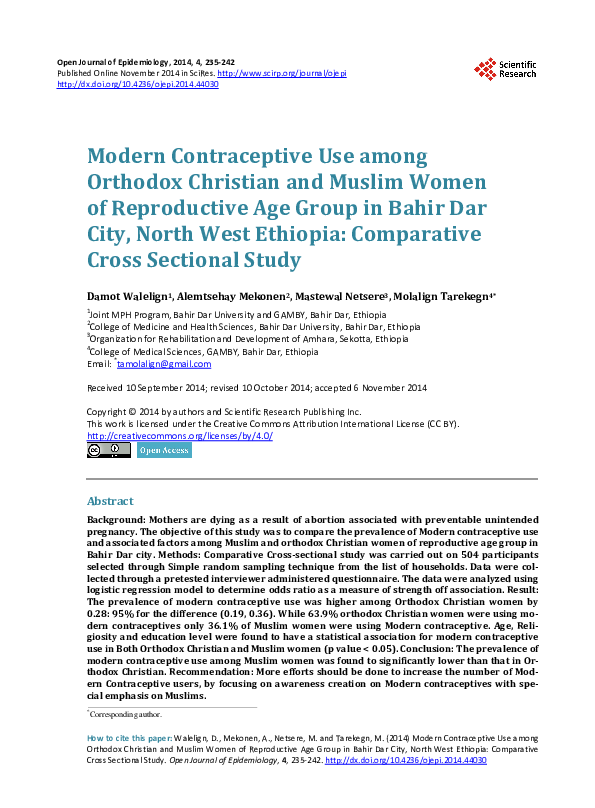 (PDF) Modern Contraceptive Use among Orthodox Christian and Muslim ...