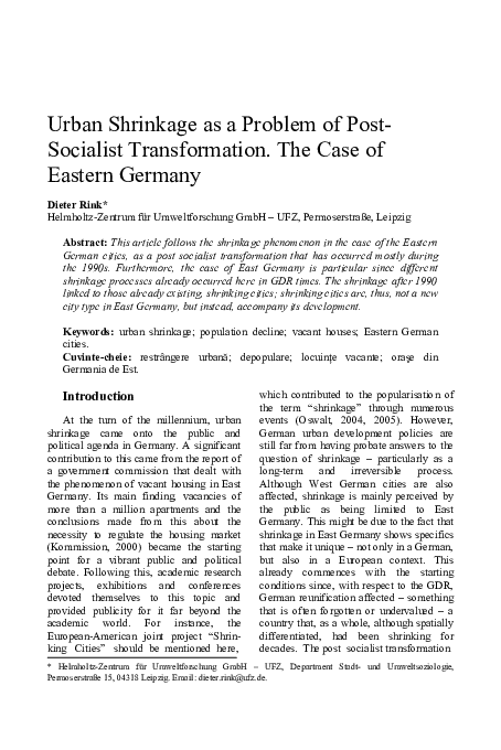 (PDF) Urban Shrinkage as a problem of post-socialist transformation. The Case of Eastern Germany