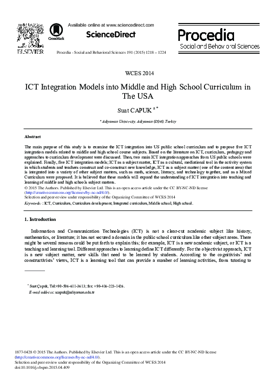 (PDF) ICT Integration Models into Middle and High School Curriculum in The USA